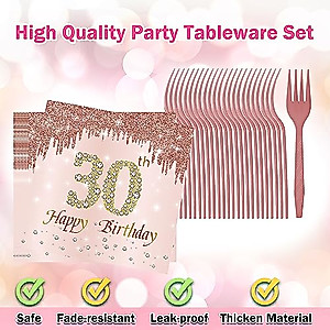 30th Birthday Decorations for Women, Rose Gold Plates Rose Gold Birthday Decorations 96PCS Pink Paper Plates and Napkins Set for Girls Women 30th Birthday Decorations Party Supplies Serve 24 Guests