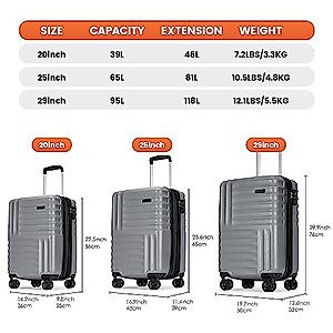 PRIMICIA GinzaTravel 3-Piece Luggage Sets Expandable Suitcases with 4 Wheels PC+ABS Durable Hardside Luggage sets TSA lock(Dark Gray, 3-Piece Set(20"/25"/29"))