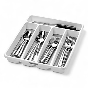 madesmart Classic Small Silverware Tray - White | CLASSIC COLLECTION | 5-Compartments | Icons help sort Flatware, Utensils and Cutlery | Soft-grip Lining and Non-slip Feet | BPA-Free