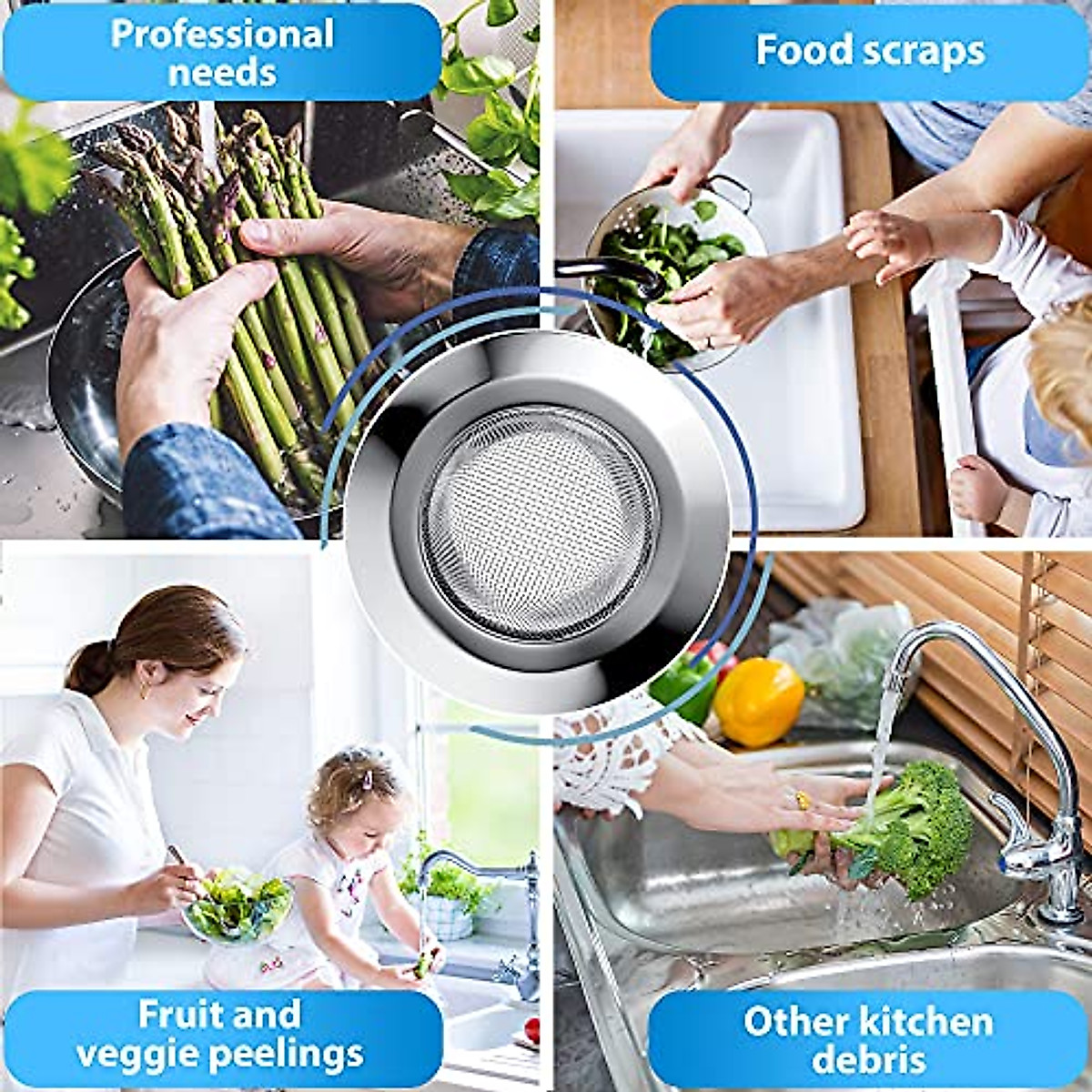 Kitchen Sink Strainer - Stainless Steel, Large Wide Rim 4.5", Anti Clogging, Wire Mesh Sink Strainers - Deep Basket, Quick Outflow, Effective Catching Debris (2-Pack)