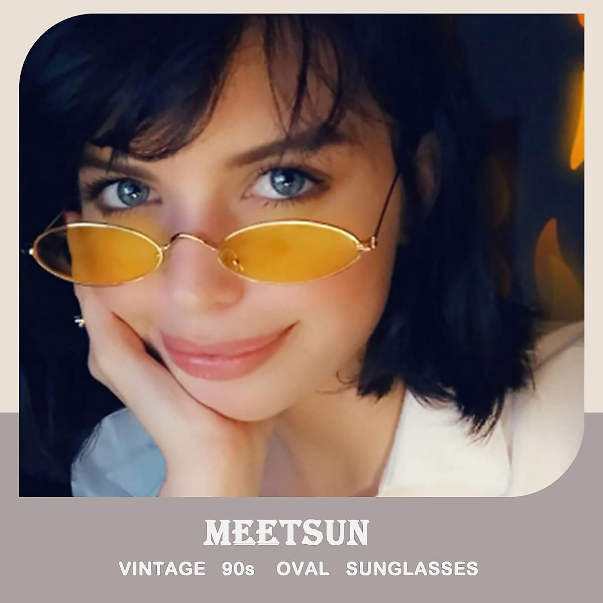 MEETSUN Vintage 90s Small Oval Sunglasses For Women Men Metal Frames Designer Gothic Glasses(C39-Sliver-Yellow)