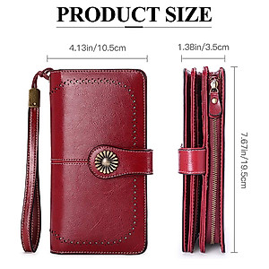 SENDEFN Genuine Leather Wallet for Women Clutch with Strap 24 Card Slots 2 ID Windows Cash Compartments 1 Zipper Pocket Credit Card Holder RFID Blocking Gift Box Included (Red-1)