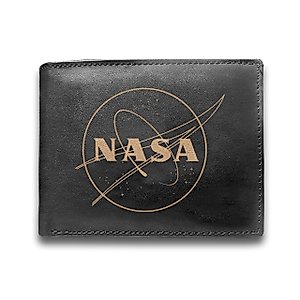 Nasa Genuine Cowhide Leather Laser Engraved Engraving Slimfold Mens Large Capacity Luxury Wallet Purse Minimalist Sleek and Slim Black Card Holder Organizer 14 Pockets