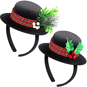 WILLBOND Christmas Snowman Headbands Mini Top Hat Headband 2 Pieces Christmas Black Top Hat Headband Christmas Mistletoe Costume Headband with Plaid Band Holly and Berries for Holiday Craft