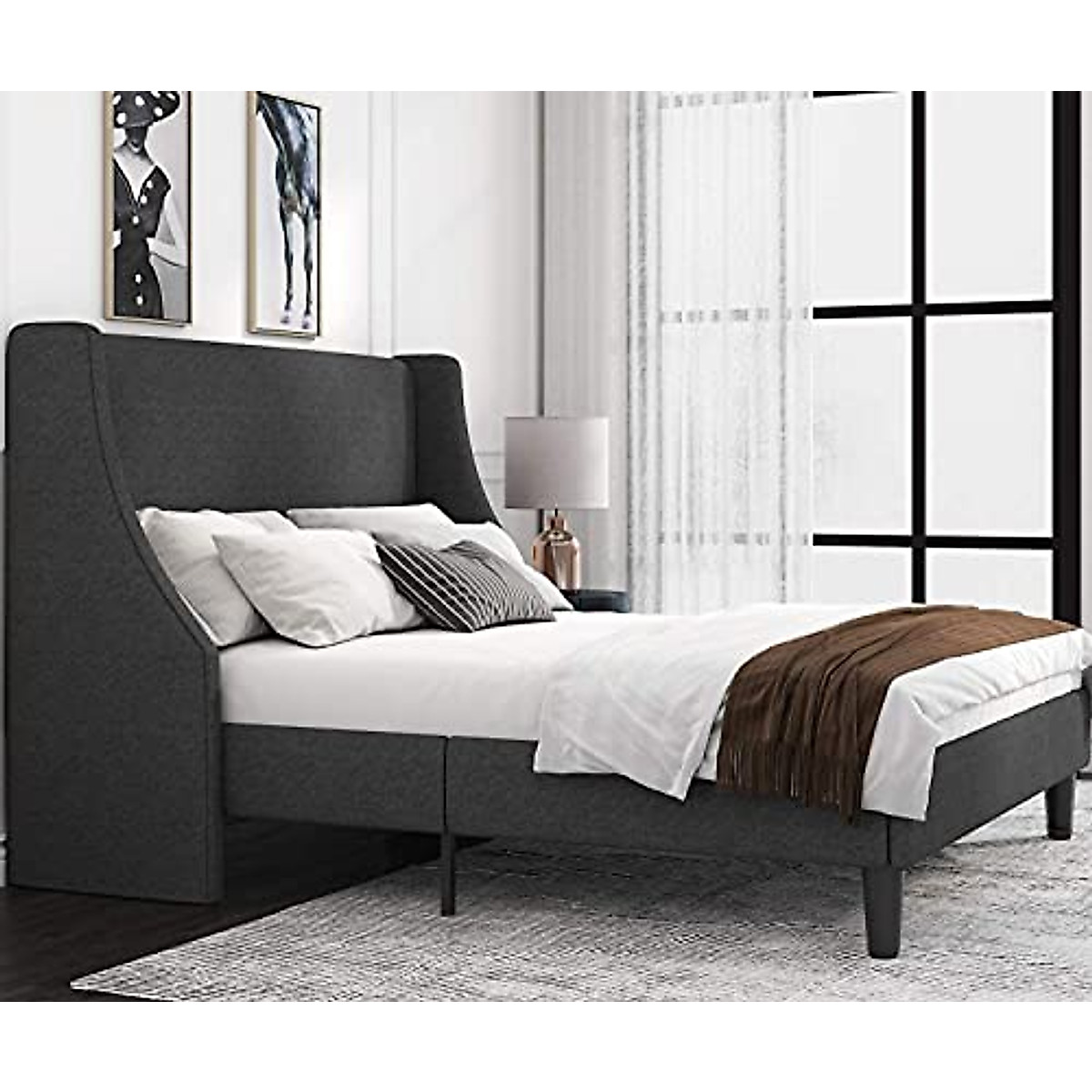 Allewie Full Size Bed Frame, Platform Bed Frame with Upholstered Headboard, Modern Deluxe Wingback, Wood Slat Support, Mattress Foundation, Dark Grey