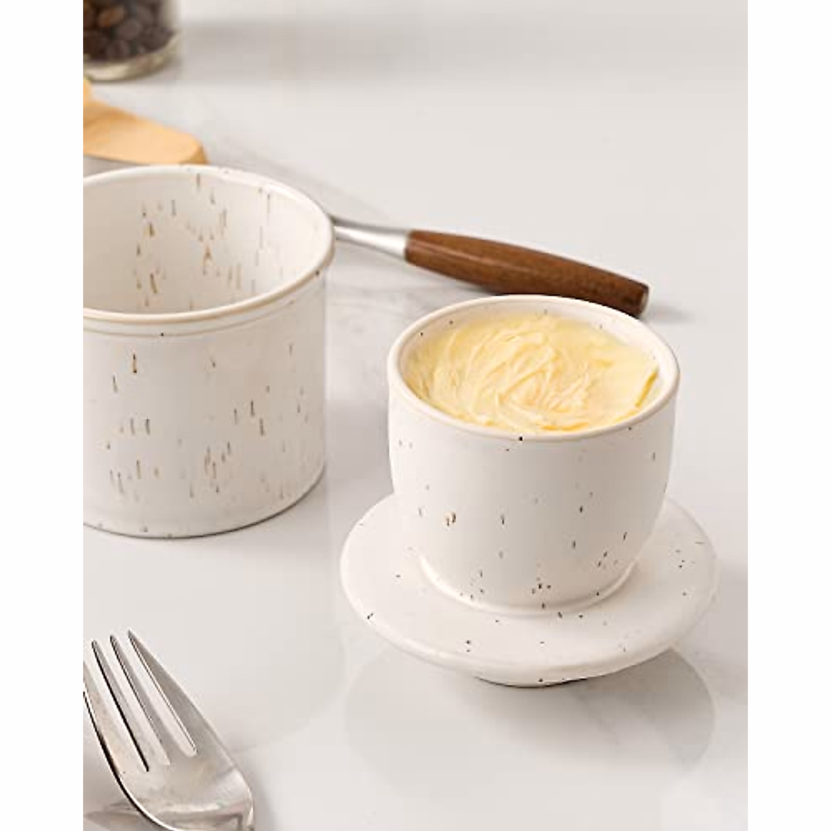 XELA Porcelain Butter Keeper Crock, French Butter Crock for Counter, Butter Keeper With Water Line for Fresh Spreadable Butter-Speckled White