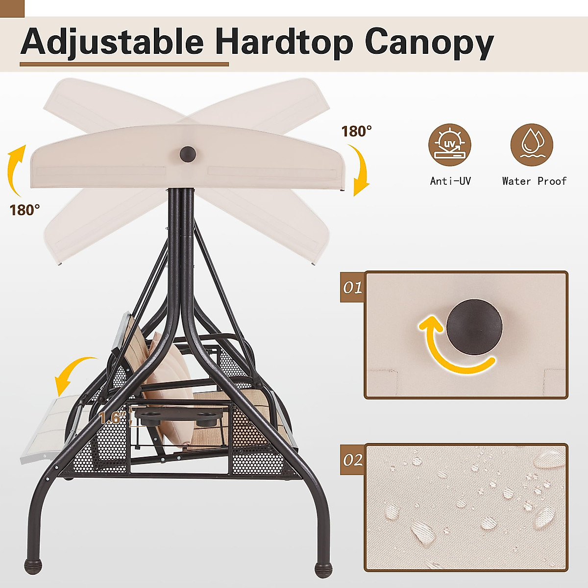 RYNSTO Outdoor Porch Swing with Adjustable Canopy, Backrest, 3-Person Patio Canopy Swing Textilene Bed with Side Cup Holder, Pillow for Garden, Deck, Back Yard, Lawn (Brown)