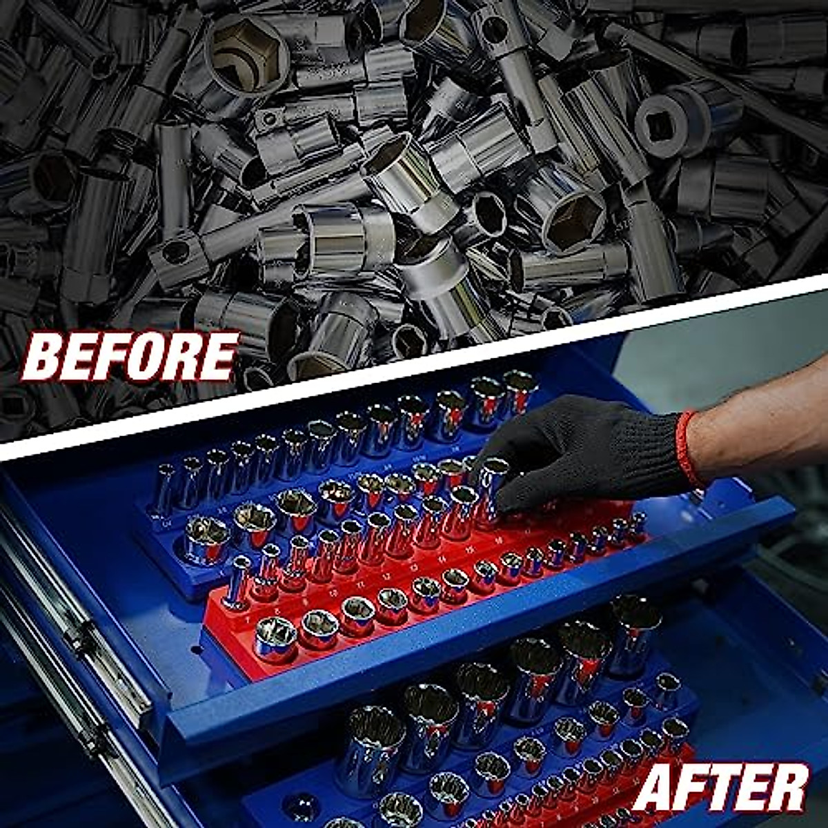 ALOANES 52-Slot Magnetic Socket Organizer, 2PC Socket Holder Kit, 1/4-inch Drive Premium Socket Tray Holders,for Standard and Deep Metric SAE Sockets, Heavy Duty Tools Organizer(Red&Blue)