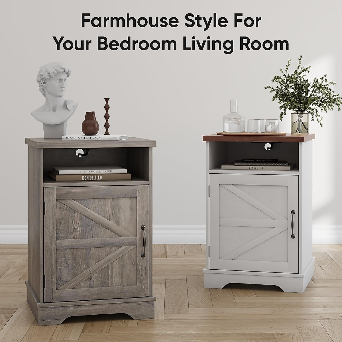 Smart FENDEE Farmhouse Nightstand with Charging Station, Beside Table with Barn Door, Modern End Side Table with Storage for Bedroom, Office, Grey