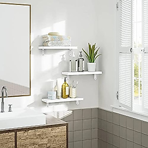 VOGGV Floating Shelves, White Wall Shelf Décor Storage, Wall Mounted Shelves Set of 3, Mdern Floating Shelves with Metal L Brackets for Bedroom, Living Room, Bathroom, Over Toilet, Kitchen