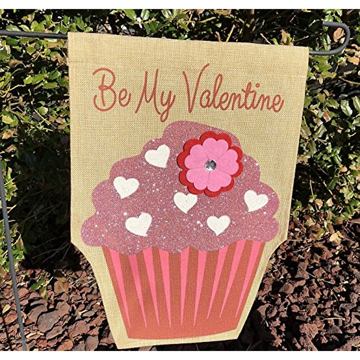 Happy Valentine's Day Garden Flag - Be My Valentine Burlap Flag – One Sided Yard Décor Decoration - Glitter Cupcake & Flower Applique Design - 12" x 17" size - by Jolly Jon