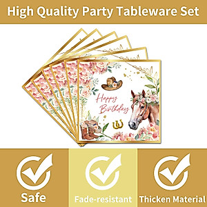 Horse Birthday Party Supplies Tableware - 96 Pcs Golden Horse Themed Plates and Napkins Sets with Forks, Cowgirl Birthday Party Decorations, Western Baby Shower Disposable Dinnerware, Serves 24