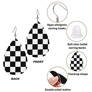 Checkerboard Chess Board Flag Faux Leather Teardrop Earrings for Women Drop Dangle Earrings Gift