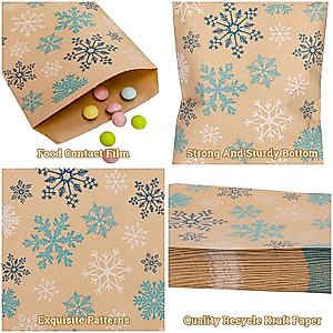 Whaline 100 Pack Winter Christmas Treat Bags Blue White Snowflakes Prints Goodies Snack Gift Bags Christmas Kraft Candy Buffet Paper Bags for Xmas Winter Holiday Party Favor Supplies, 5 x 7Inch