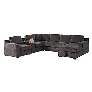 YOPTO Sectional Sleeper Sofa,Modular Couch with Pull Out Bed,Convertible L Shaped Sectionals W/Storage Chaise & Console,Cup Holder,USB & Type-C Port,Chenille Fabric,5 Seater for Living Room,Brown,120"