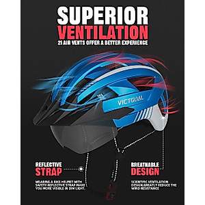 VICTGOAL Bike Helmet for Men Women with Led Light Detachable Magnetic Goggles Removable Sun Visor Mountain & Road Bicycle Helmets Adjustable Size Adult Cycling Helmets (L: 57-61 cm, Metal Blue)