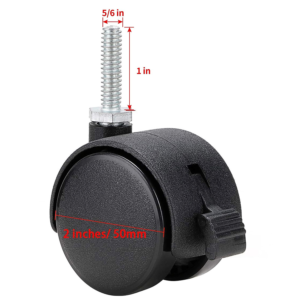 Skelang 4 Pcs 2" Nylon Plastic Swivel Stem Casters Wheel with Brakes, Thread Stem Diameter 5/16", Replacement for Cart, Table, Shelf Unit, Cabinet, Load Capacity 44 Lbs Per Wheel