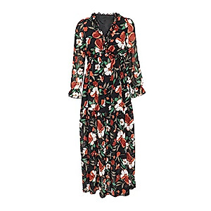 BLENCOT Women's Casual Boho Floral Printed Deep V Neck Loose Long Sleeve Long Evening Dress Ruched Cocktail Party Maxi Wedding Dress Black Medium
