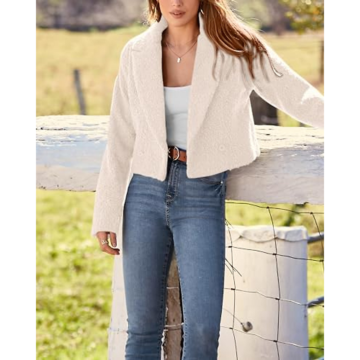 BTFBM 2023 Women's Fashion Fuzzy Fleece Short Jacket Fall Winter Lapel Button Down Outerwear Long Sleeve Faux Fur Coat(Solid Beige, Medium)