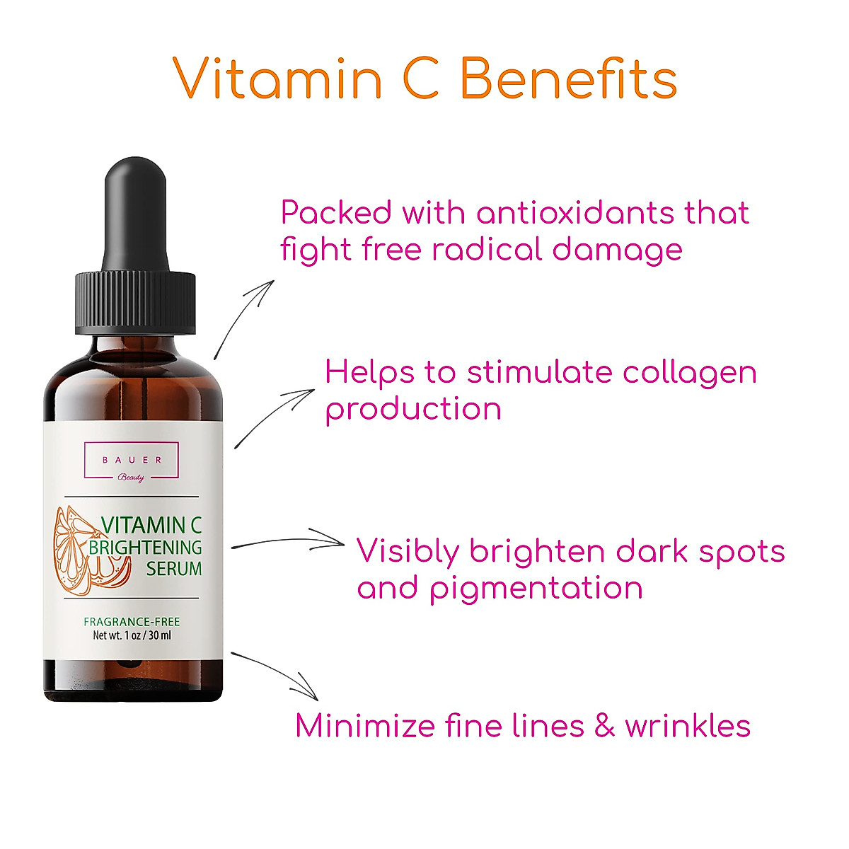 Bauer Beauty Vitamin C Face Serum Improves Skin Brightness, Fine Lines, Anti-Aging Skin Repair, Brighten Dark Spots And Reduce wrinkles