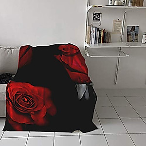 Flannel Fleece Blanket,Red 3D Rose Flower Pattern Black Cozy Plush Microfiber Throw Blankets-Lightweight Reversible Soft Warm Blanket,All Season Bed Blankets for Couch Sofa Throw 40x50 Inch