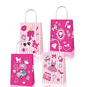 Aoerfes 12 Pieces Pink Girl Party Bags, Princess Gift Bags Candy Goodie Treat Hot Pink Party Favors Bags with Handles for Girls Princess Theme Party Decoration Birthday Supplies