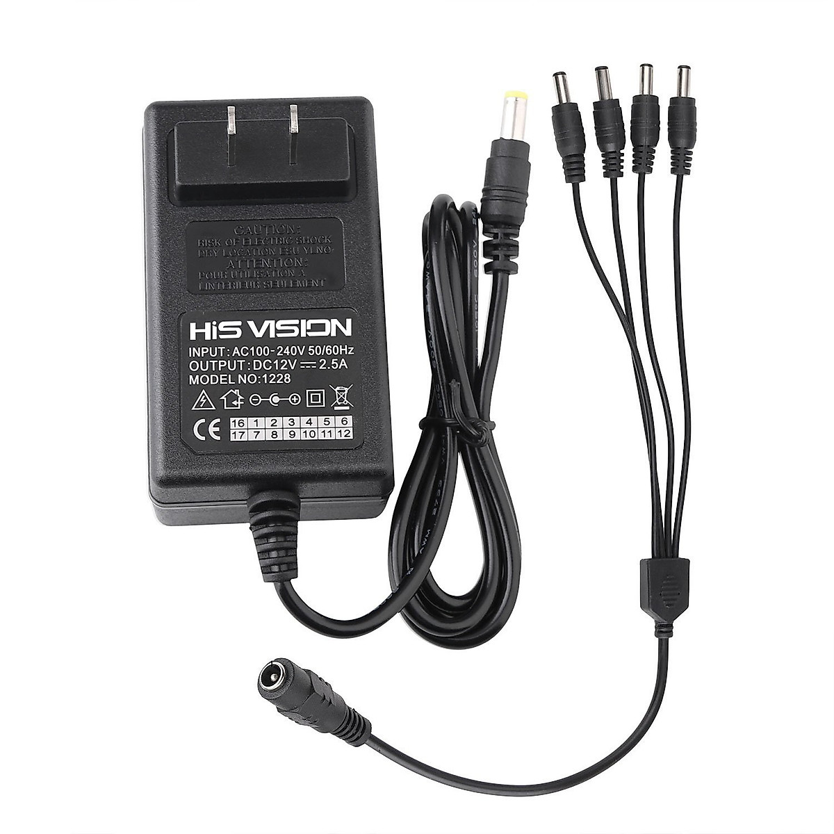 HISVISION Security Camera Power Supply Adapter 12V 2.5A 100V-240V AC to DC with 4-Way Power Splitter Cable -Fits CCTV Camera DVR NVR Surveillance System