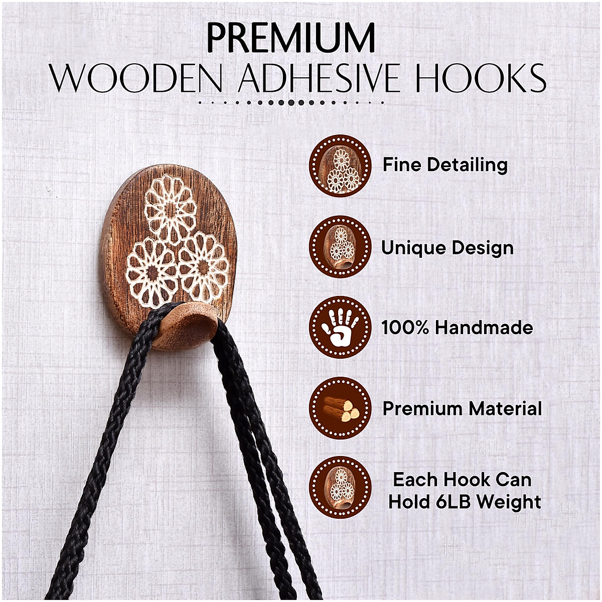 Indian Shelf 6 Pack Wood Wall Hooks- Adhesive Wall Hooks -Decorative Wall Hooks for Hanging- Boho Wall Hooks -Sticky Coat Hooks Wall Mount- Wooden Towel Hooks for Bathroom Wall Mounted- Style 1