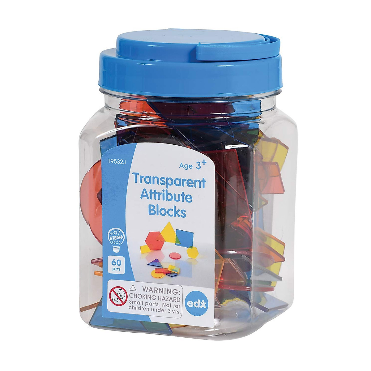 edxeducation Transparent Attribute Blocks - Mini Jar Set of 60 - Colorful, Plastic Shapes - Light Box Accessory - Sensory Play - Math Manipulative for Kids