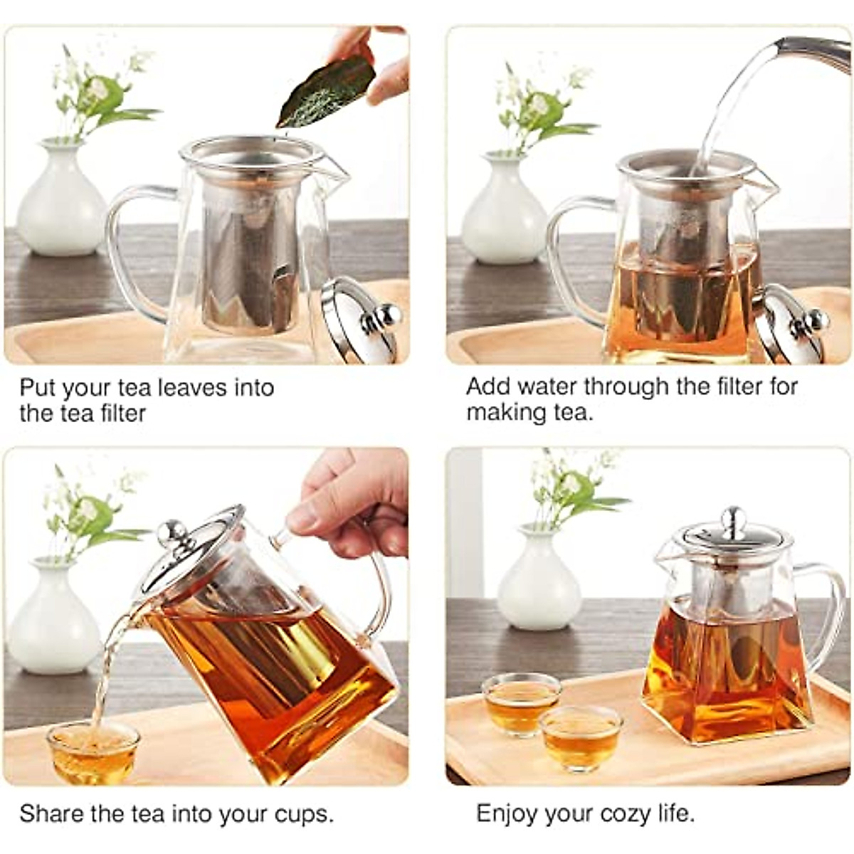 Aottop Square Glass Teapot with Infuser, 500 ml Borosilicate Tea Pot with Strainer, Clear Leaf Tea Pots for Loose Tea (500ML)