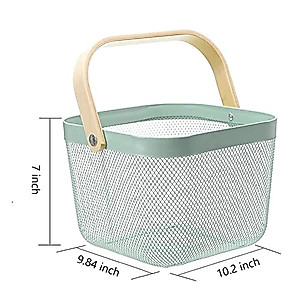 HOJKMA Mesh Steel Storage Organizer Basket, Multi-Functional Metal Wire Hanging Kitchen Baskets Fruit Basket with Bamboo Handle Ideal for Kitchen, Bathroom, Pantry, Cabinet Home, Shopping, Green