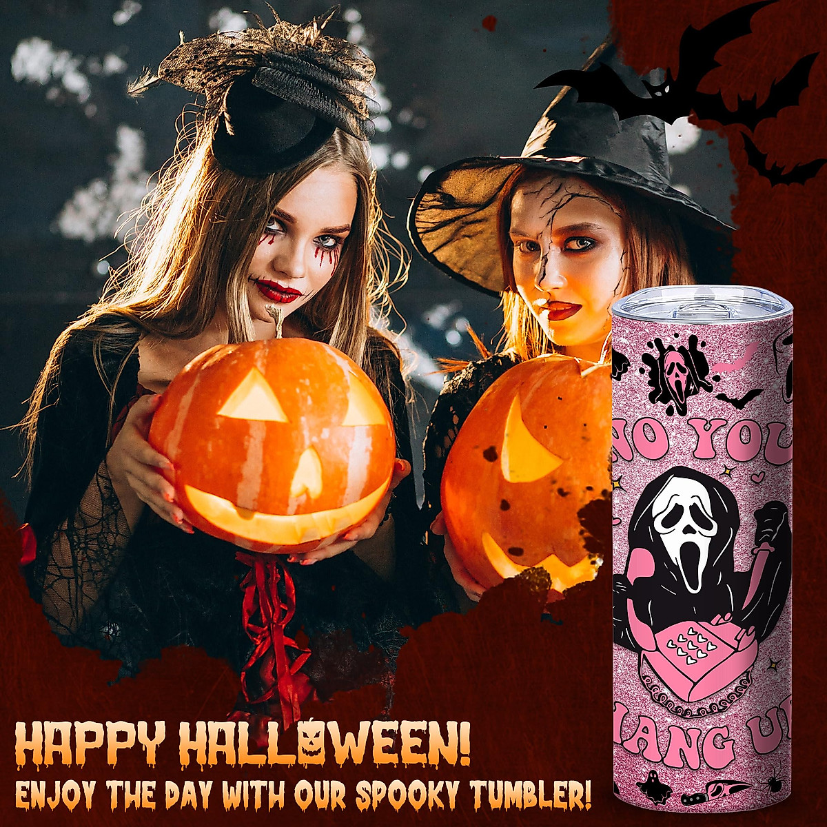 TUMBTU Ghostface 20oz Skinny Tumbler for Women Girls Spooky Vibes 20oz Horror Scary Face Theme Decor Insulated Cup with Lid -Vacuum Stainless Steel Coffee Mug Stemless Pink Cup