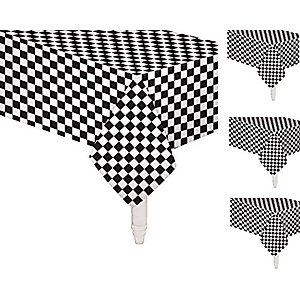 Oojami Pack of 4 Black & White Checkered Flag Table Cover Party Favor Checkered Tablecloth Disposable Checkered Racing Table Cover (54" x 108" Rectangle)