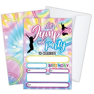 Jump Trampoline Party Birthday Invitations, Bounce House Party Invitations for Boys Girls Kids, Jumping Party Invitations, Jump Party Invites (20 Sets 4" x 6" Cards with Envelopes) - JY565