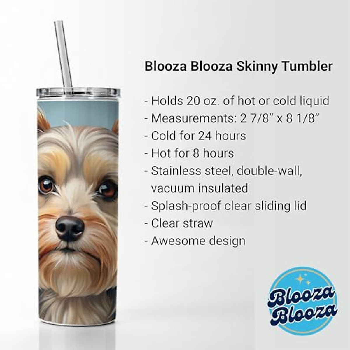 Morkie Dog Illustration Skinny Tumbler 20oz with Straw Insulated Water Bottle Gift