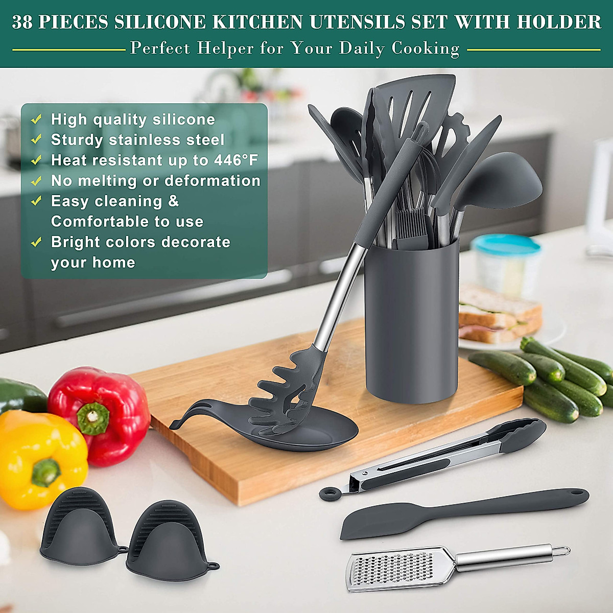 Homikit 38 Pieces Kitchen Cooking Utensils Set with Holder, Gray Silicone Utensil with Stainless Steel Handle, Nonstick Kitchen Tools with Spatula Ladle Pizza Cutter Grater Spoon Rest, Heat Resistant
