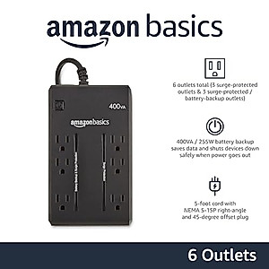 Amazon Basics Standby UPS 400VA 255W Surge Protector Battery Power Backup, 6 Outlets - Black