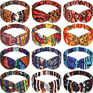 12 Pieces African Headbands Boho Print Headband Twist Knot Elastic Hair Bands Criss Cross Vintage Headband Workout Yoga Sports Hair Accessories for Women Girls