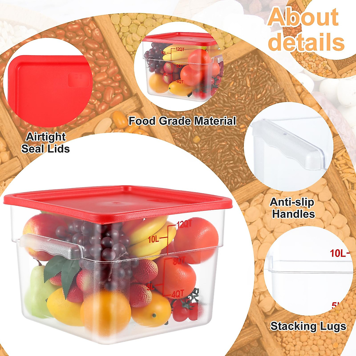 Ziliny 8 Pack Polycarbonate Square with Red Lids 12 Qt Food Storage Containers Commercial Airtight Clear Bucket Brining Food Container