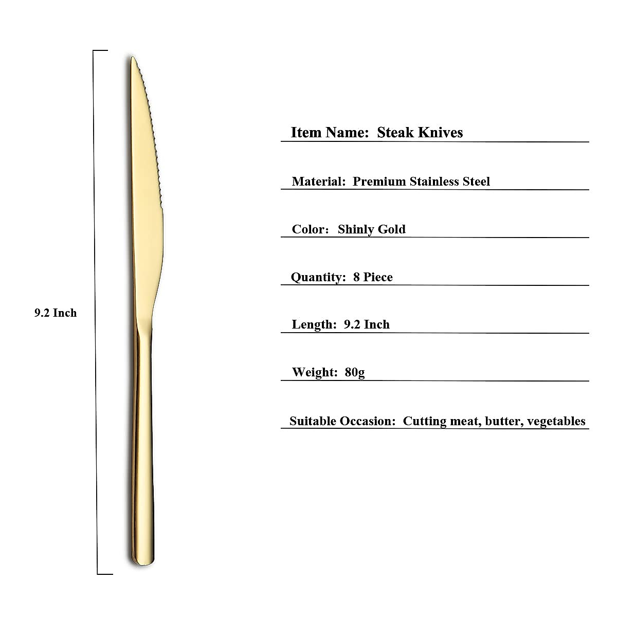 HOMQUEN Gold Steak Knives, 8 Piece Premium Stainless Steel Steak Knife Set, Meat Knife Sets, German Steak Knives Serrated, Tomato Knife, For Home, Kitchen or Restaurant, Dishwasher Safe (9.2 Inch)