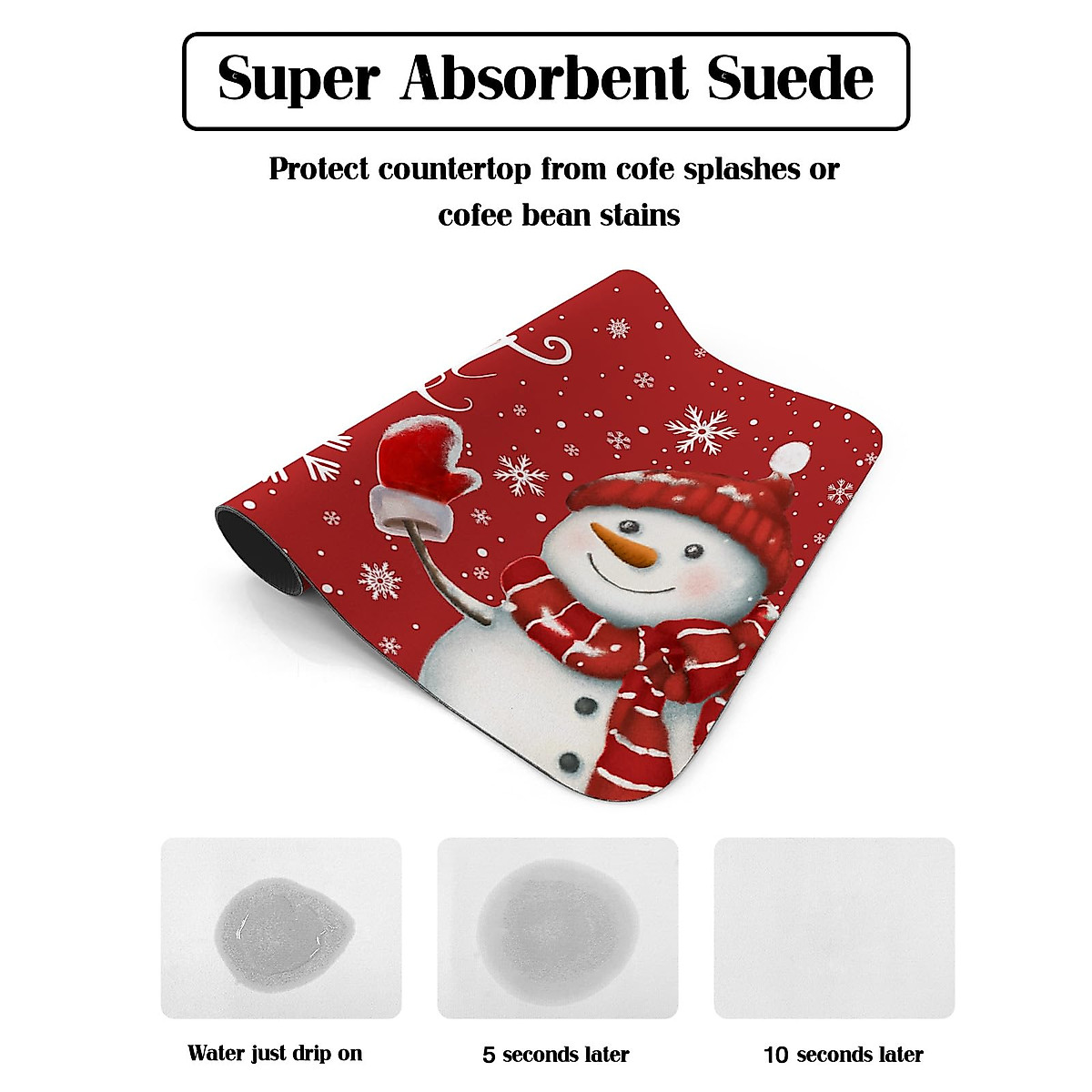 Hokiten Red Christmas Snowman Dish Drying Mat for Kitchen Counter, Merry Christmas Absorbent Coffee Mat/Dish Drainer, Xmas Winter Snowflake Quick Drying & Non-slip Rubber Backed Drying Mat 12"W x 16"L