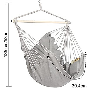 Y- STOP Hammock Chair Hanging Rope Swing, Max 500 Lbs, Hanging Chair with Pocket, Removable Steel Spreader Bar with Anti-Slip Rings, Quality Cotton Weave for Comfort, Durability, Light Grey