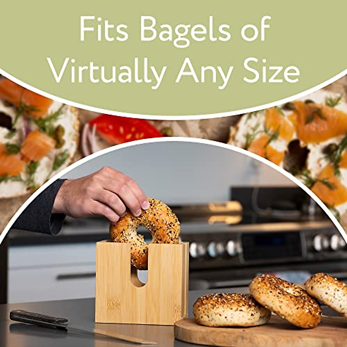 Bamboo Bagel Slicer Holder for Safe & Even Slices - Removable Bottom For Cleaning - Bagel Slicer for Small and Large Bagels with Anti-Slip Base - Bagel Holder Bread Slicer - Bagel Cutter Slicer