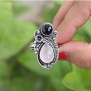 Rekha Gems Rose Quartz Ring-925 Sterling Silver Ring-Vintage Ring-Handmade Ring-Birthday Gift-Pink Gemstone Ring-Boho and Hippie Ring-Birthstone Ring-Rose Quartz Jewelry- ROS43(A) (11 US)
