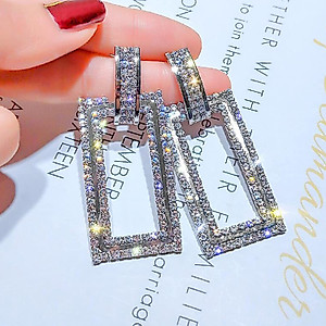 KaFu Fashion Statement Long Drop Earrings Boho Large Metal Rectangle Geometric Dangle Earrings Gorgeous Geometric Rhinestone jewelry Gift For Women (silver)