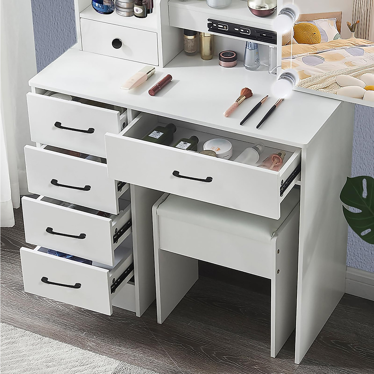 Makeup Vanity Desk with Mirror and Lights, White Vanity Table with Storage Drawers, Lighted Vanity Set with Chair/Stool, Girl's Dressing Table Makeup Desk Small, White Vanity 3056