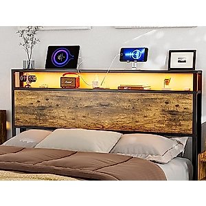 IKIFLY Queen Size Storage Headboard with LED Lights & Charging Station - Industrial Metal and Wood Queen Headboard Only for Bedroom, Attach Frame, Easy Assembly - Rustic Brown