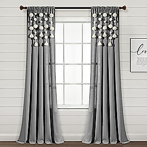 Lush Decor Boho Pom Pom Tassel Linen Window Curtain Panel (Single Panel), 84" L x 52" W, Dark Gray