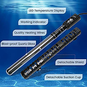 MQ Submersible Aquarium Heater, 200-500W LED Display Fish Tank Heater with External Thermostat Controller and Thermometer Sticker, Auto Thermostat for Tank 30-80 Gallon (500W for 70-80 Gallon Tank)