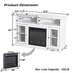 GOOD & GRACIOUS Modern Electric Fireplace TV Stand for 55 Inch TV Living Room Media Entertainment Center with Tempered Glass Storage Cabinet Wood Tall TV Console for Bedroom, 48 Inch,Painting White